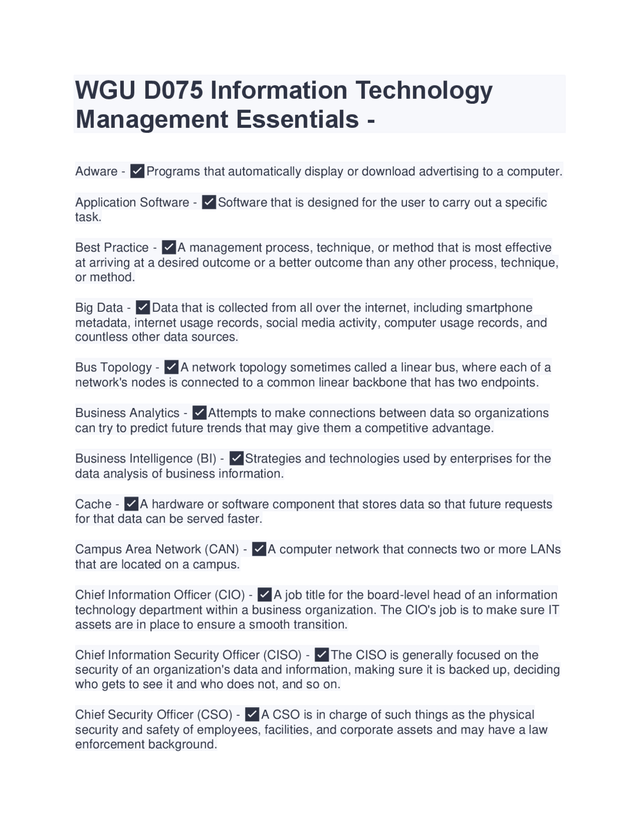 WGU D075 Information Technology Management Essentials - (Latest 2022/ ...