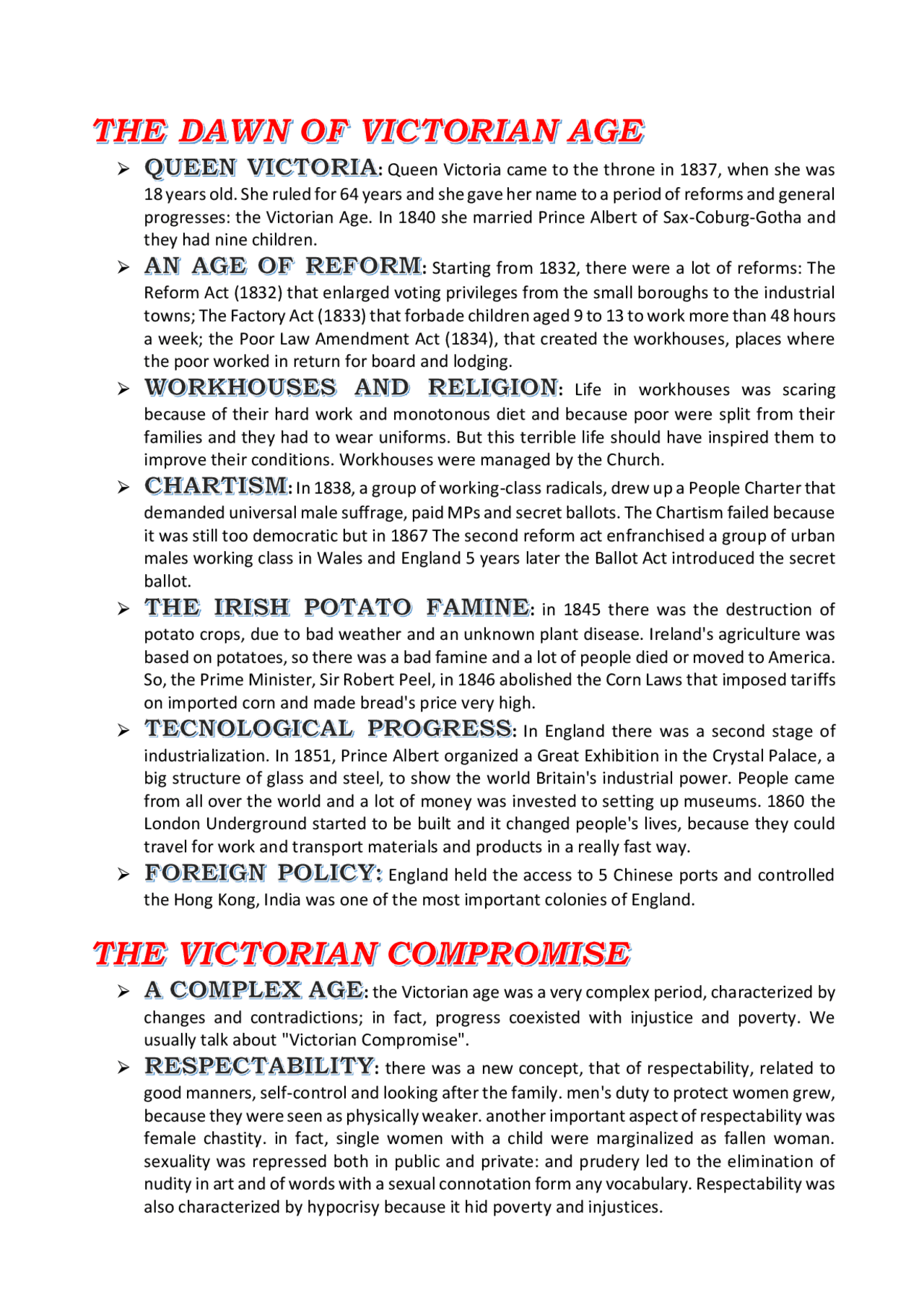 The dawn of victorian age, the victorian compromise | Appunti di Inglese | Docsity
