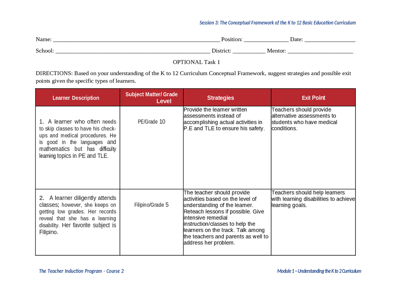 Teacher Induction Program Course 1 Permonce Tast Assignments English