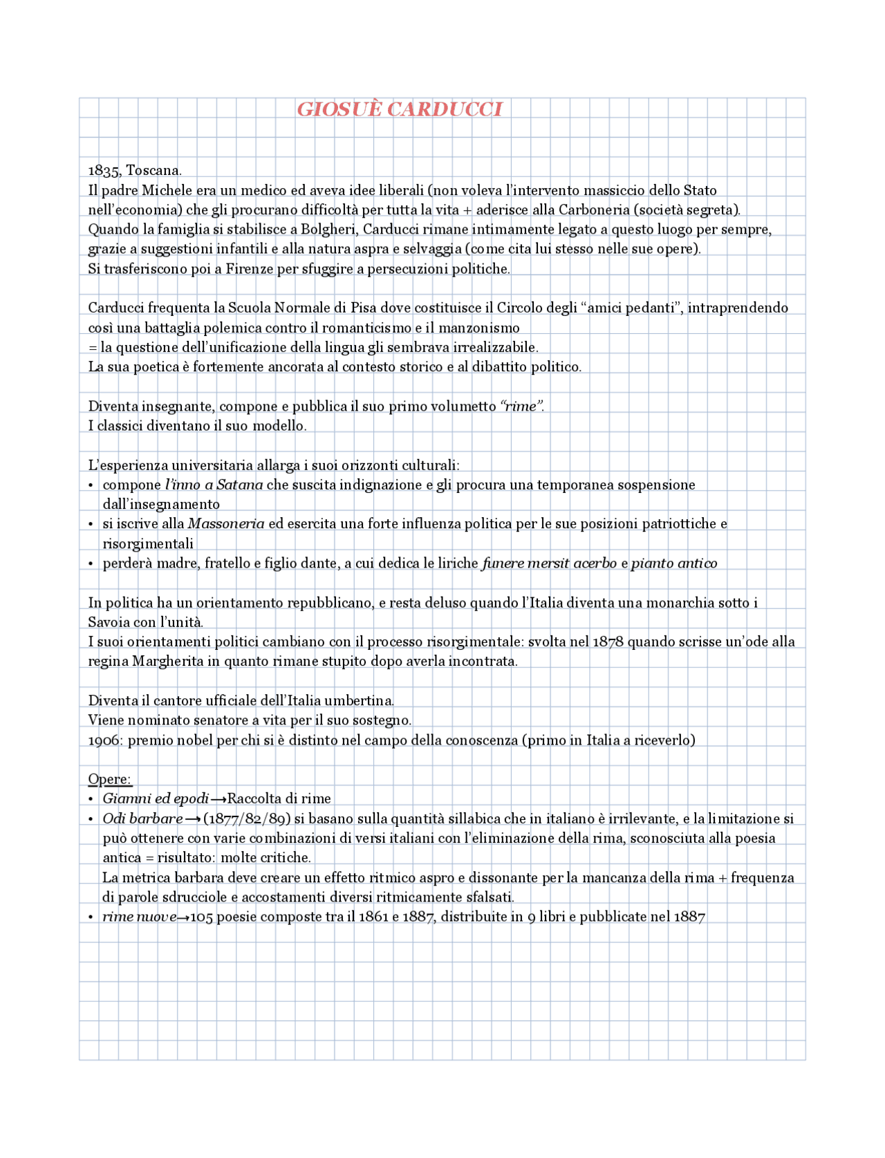 Vita e opere di Giosuè Carducci | Appunti di Italiano | Docsity