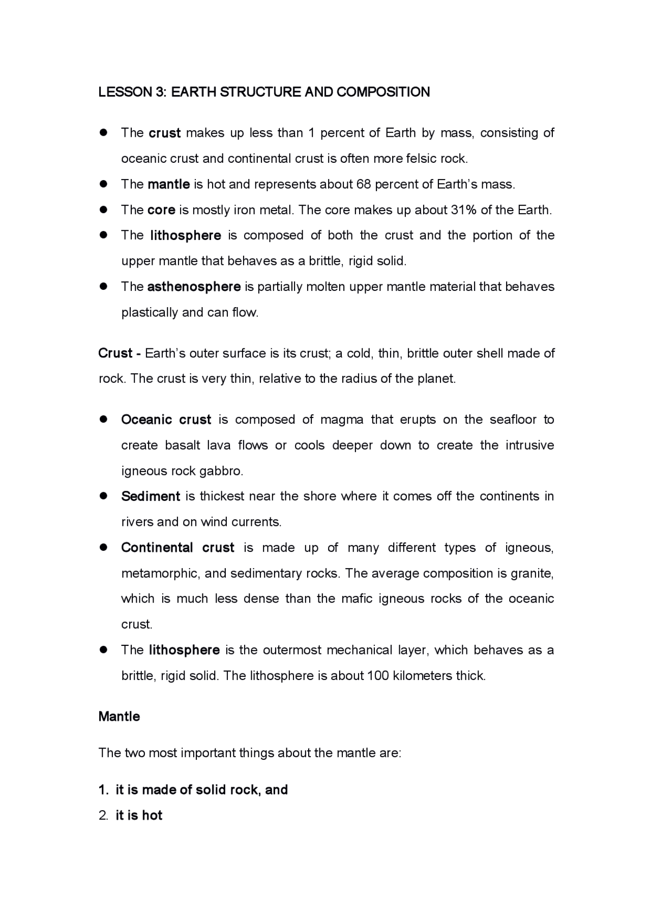 Earth Structure Layers Summaries Earth Science Docsity