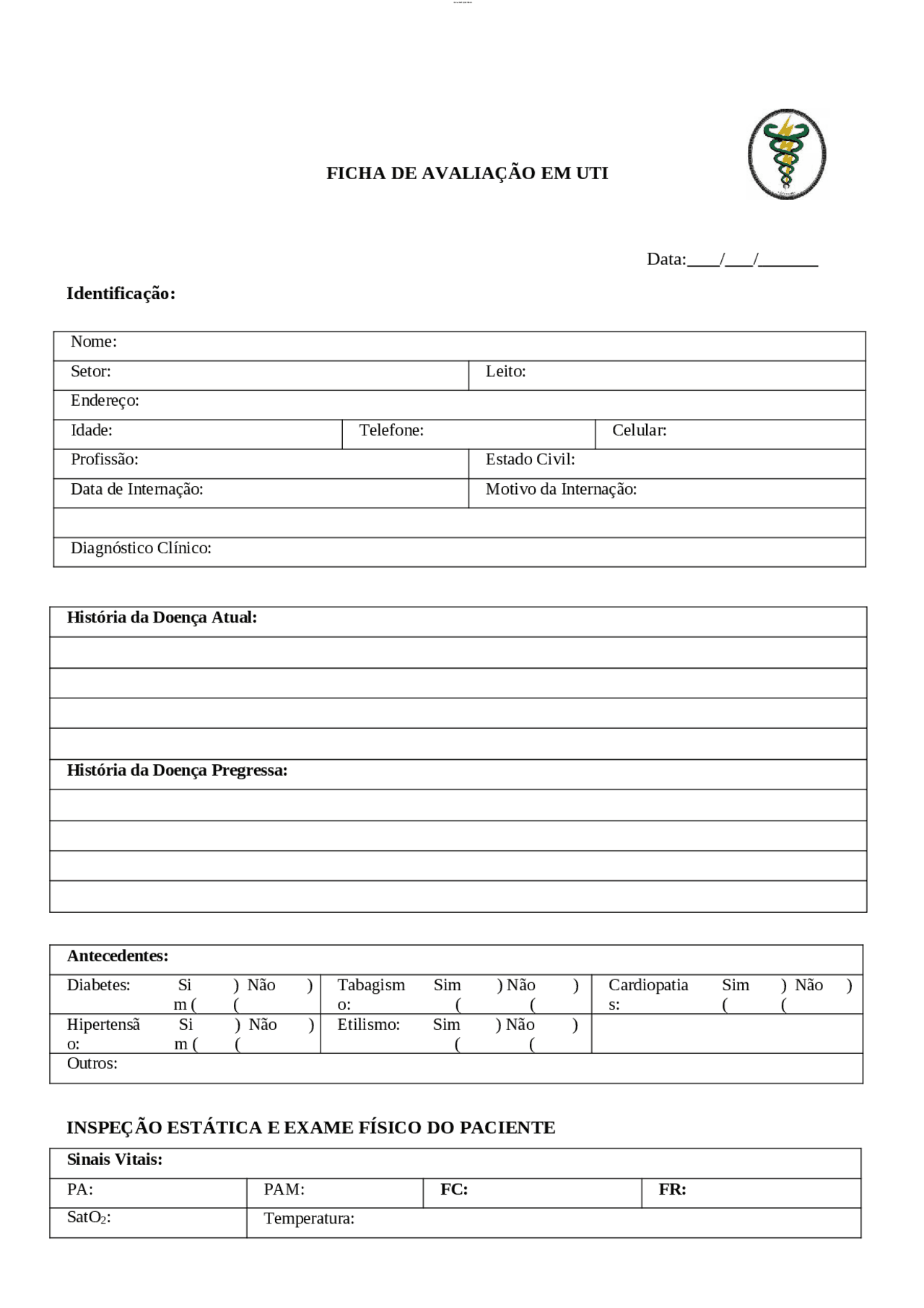 Ficha De AvaliaÇÃo Em Uti Esquemas Fisioterapia Docsity