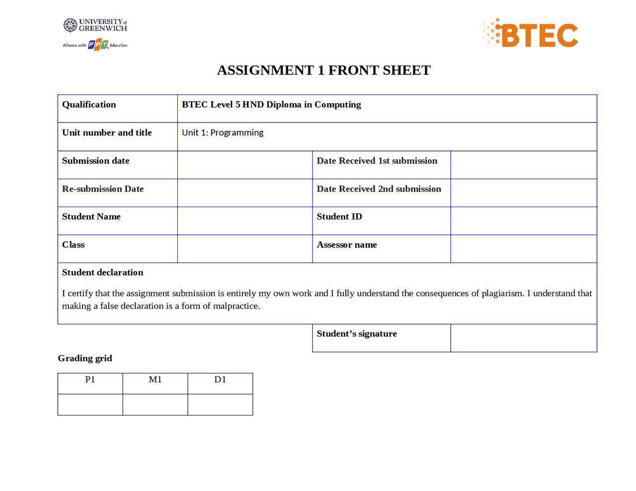 BTEC Level 5 HND Diploma in Computing - Unit 1: Programming Assignment ...