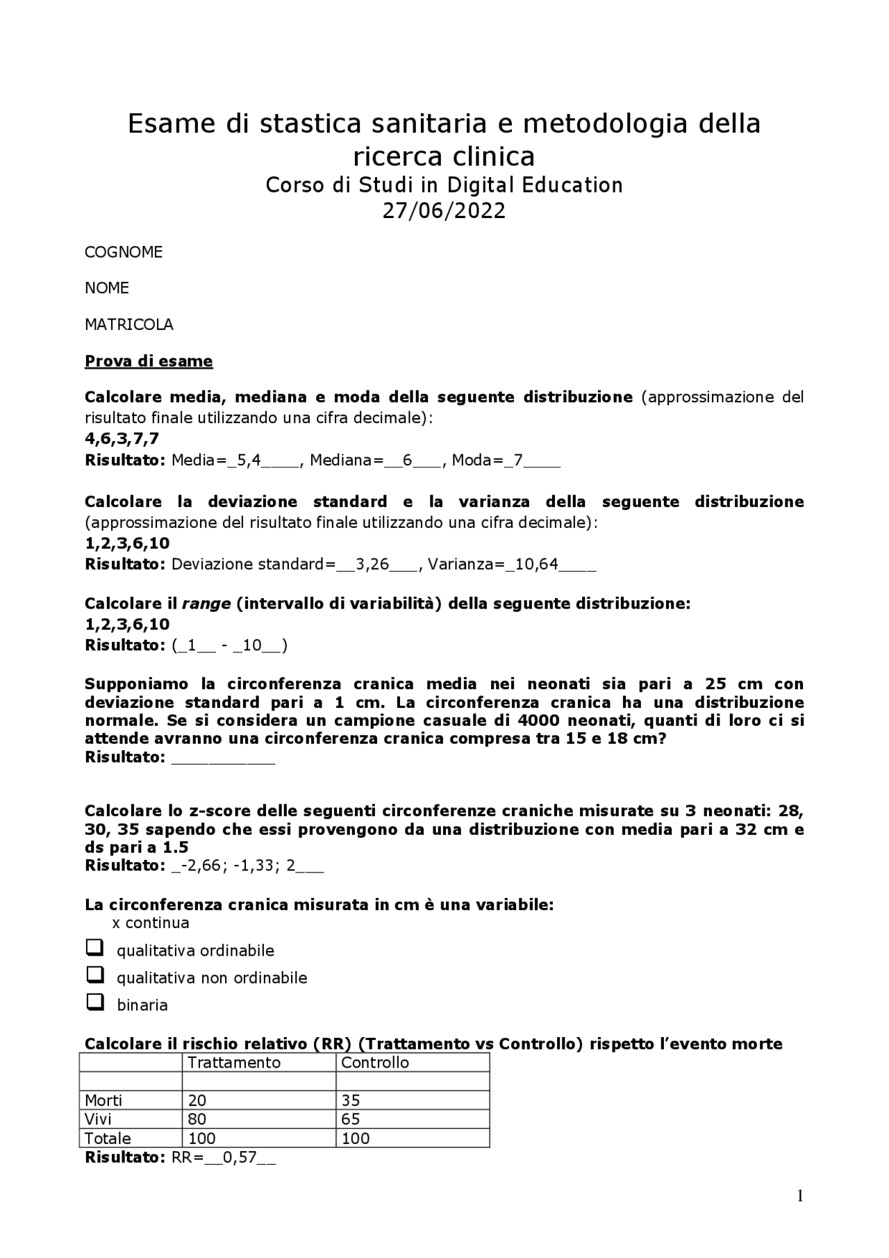 Esame statistica medica con risposte digital education | Prove d'esame di Statistica Medica ...