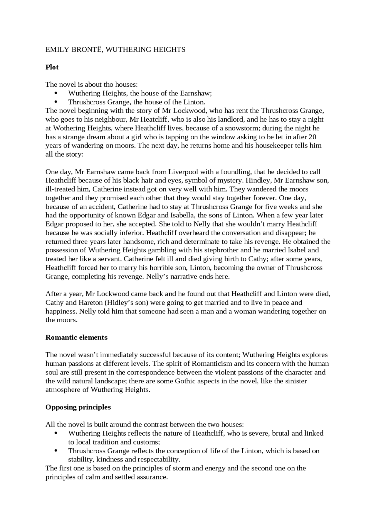 EMILY BRONTË, WUTHERING HEIGHTS | Appunti di Inglese | Docsity