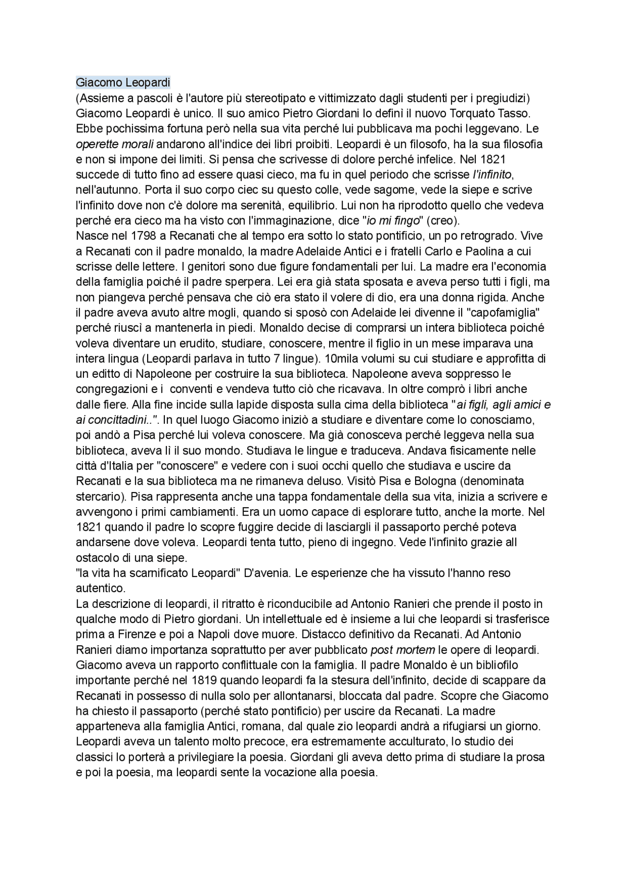 Giacomo Leopardi Vita E Zibaldone Appunti Di Italiano Docsity