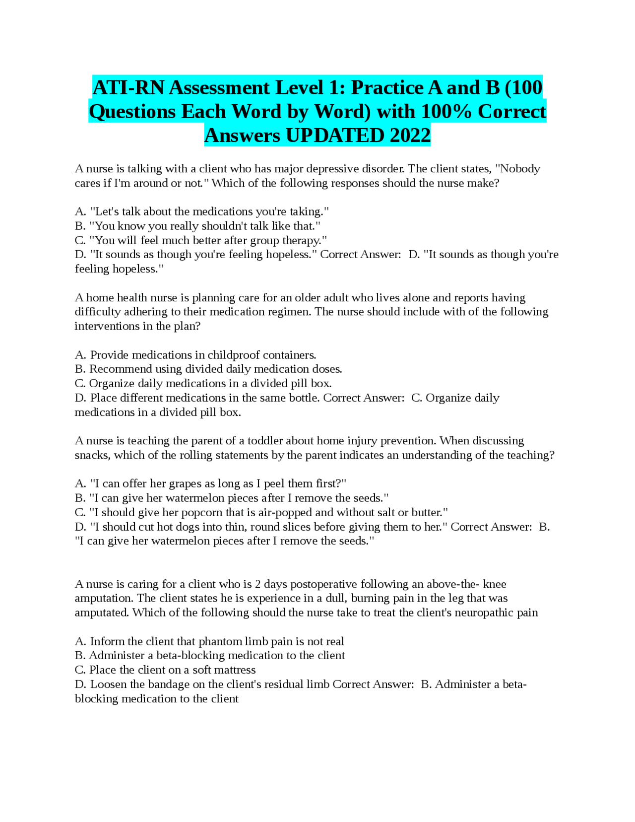 ATI-RN Assessment Level 1: Practice A and B (100 Questions Each Word by ...