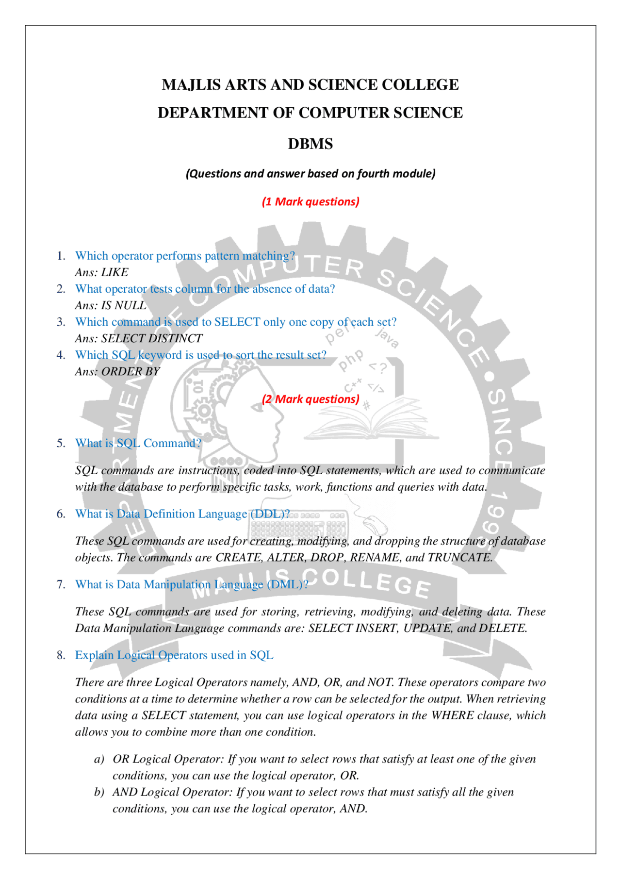 Database Management Systems Notes Exercises Database Management Systems Dbms Docsity