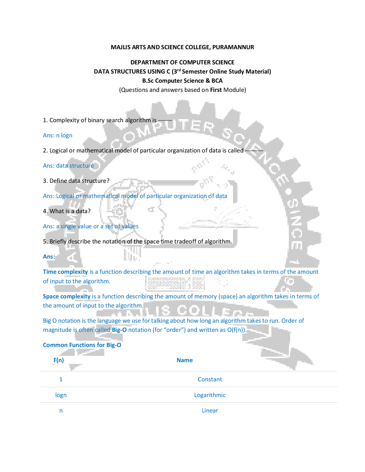 Data Structure Notes Exercises Data Structures And Algorithms Docsity 6486