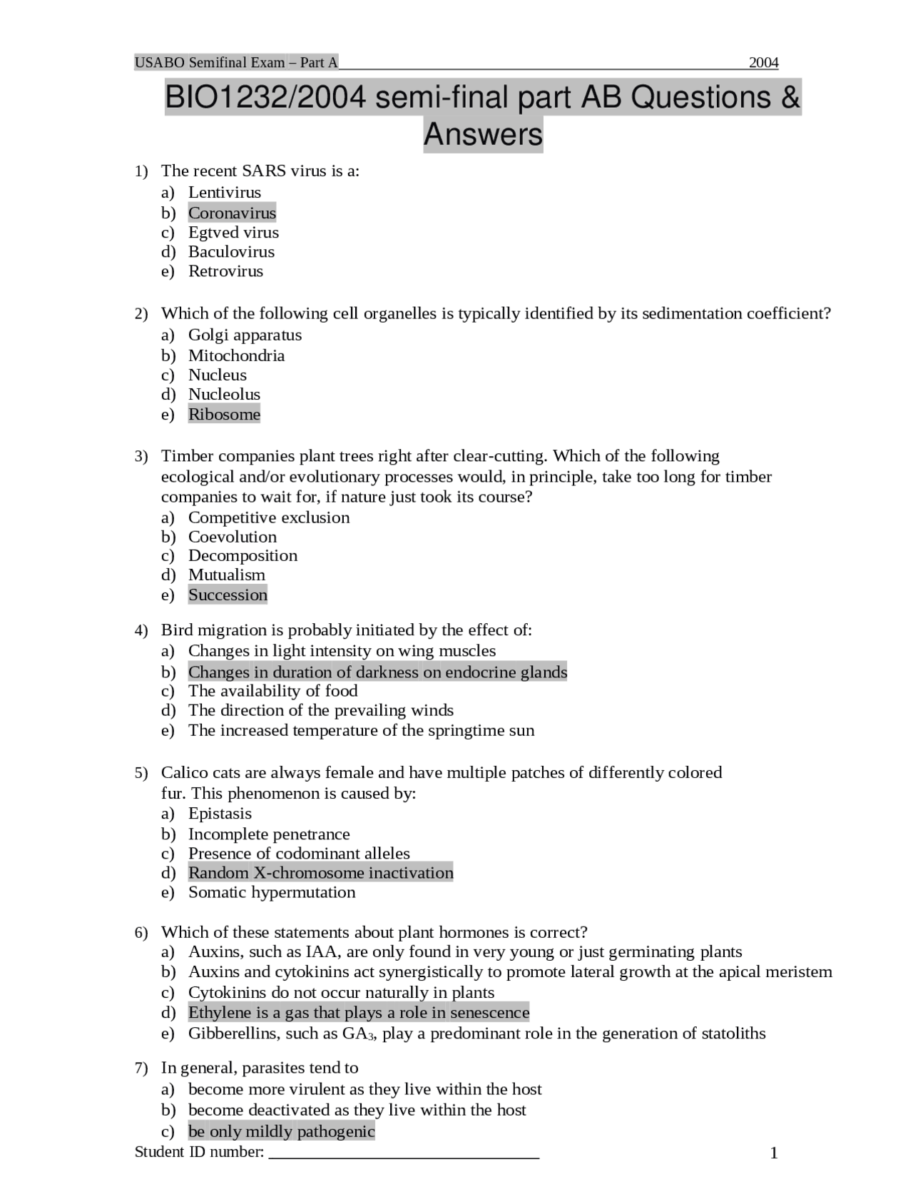 BIO1232/2004 semi-final part AB Questions & Answers | Exams Biology ...