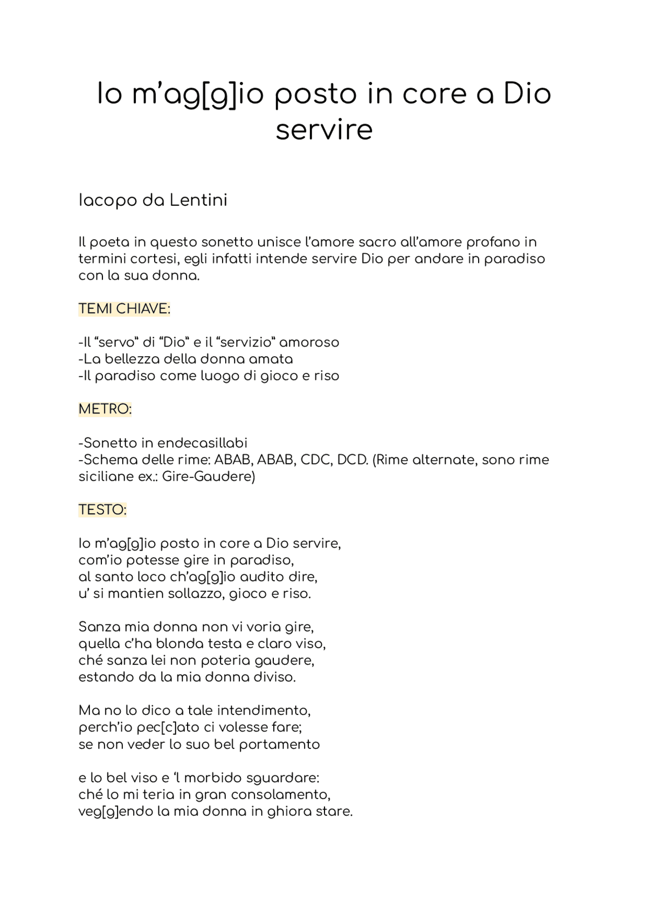 Io m’ag[g]io posto in core a Dio servire | Appunti di Italiano | Docsity