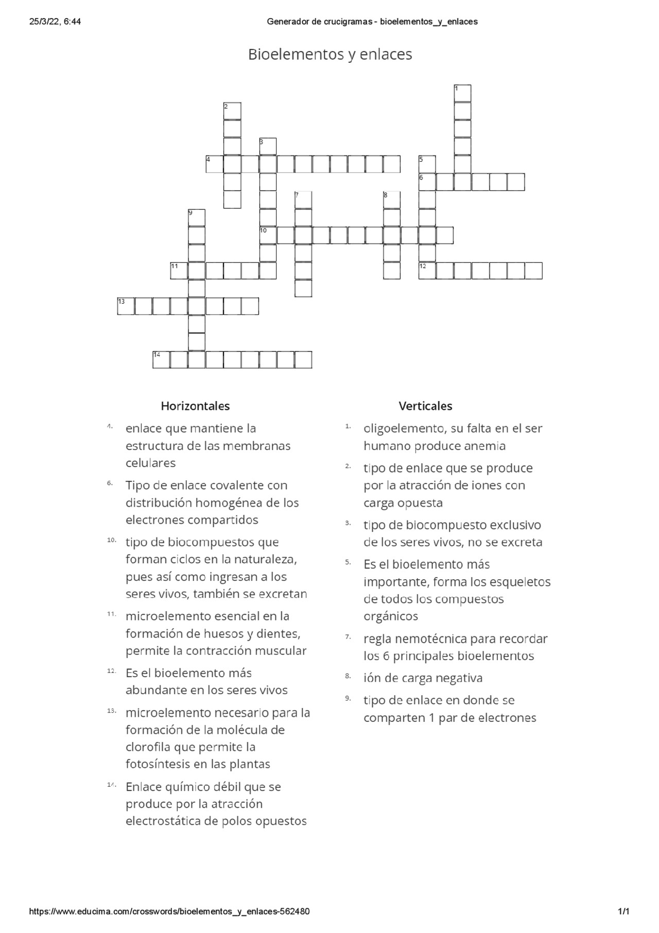 Crucigrama Bioelementos Ejercicios De Biología Docsity