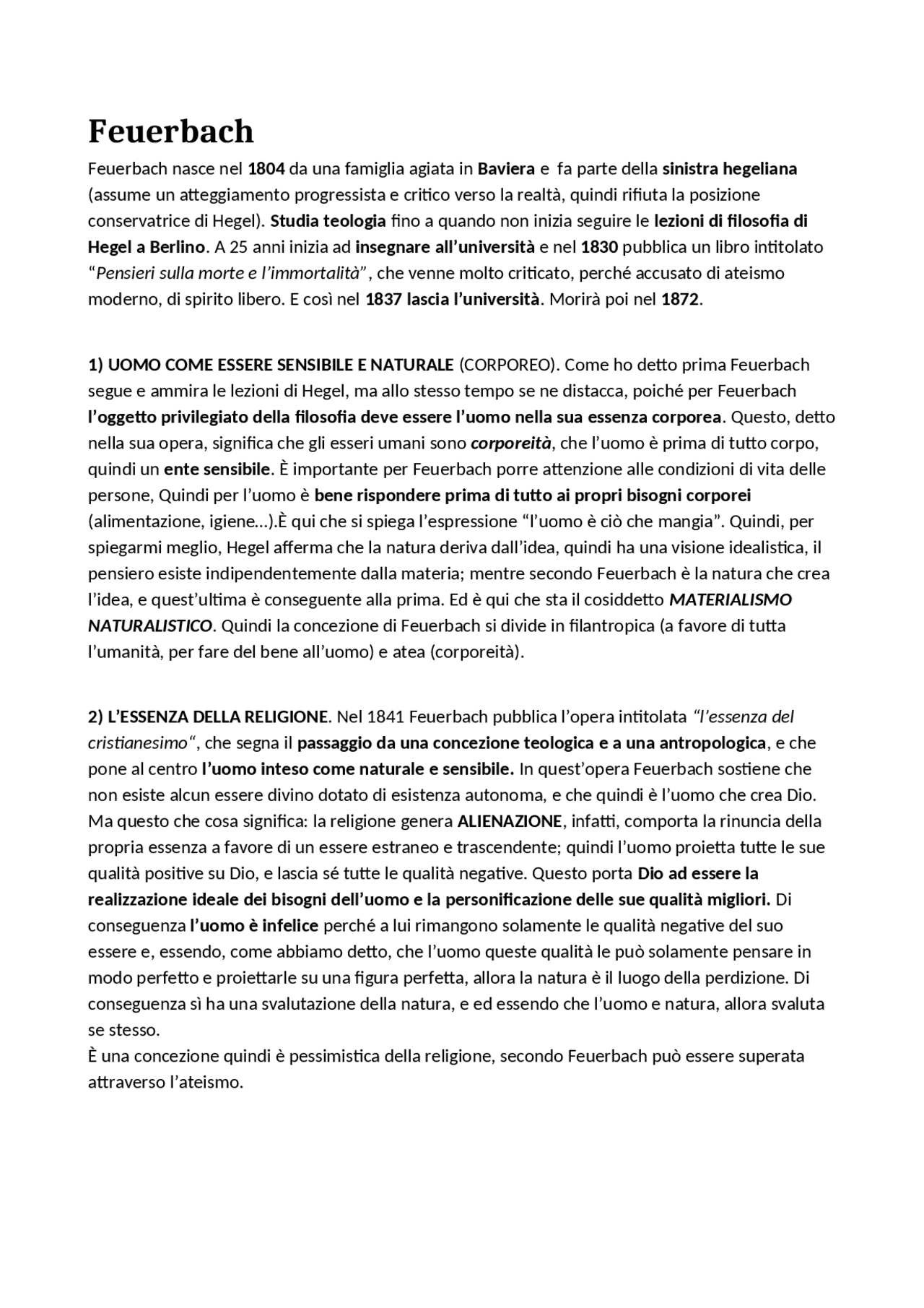 Feuerbach Quinto Anno Di Liceo 2021 2022 Appunti Di Filosofia Docsity