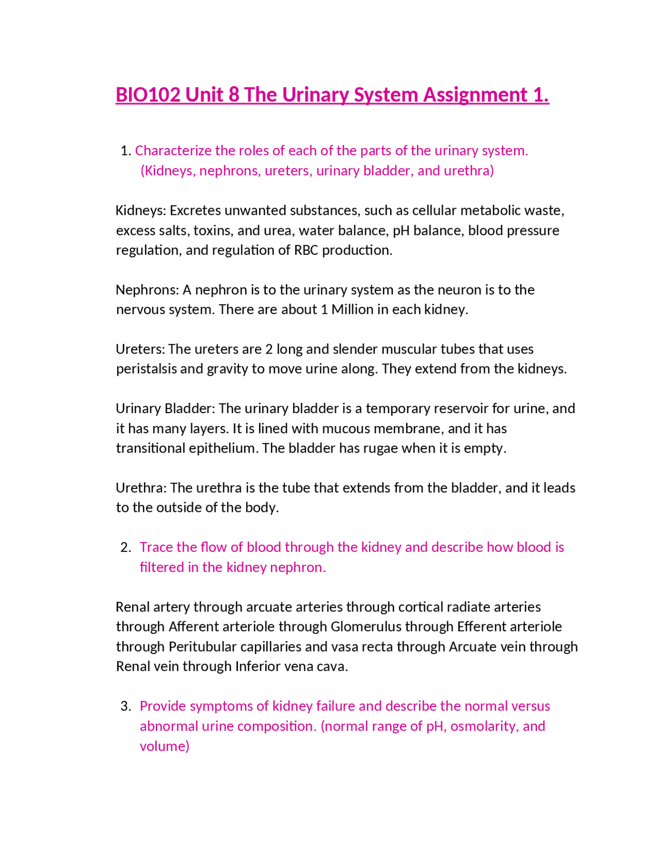 BIO102_Unit_8_The_Urinary_System_Assignment_1 | Exams Biology | Docsity