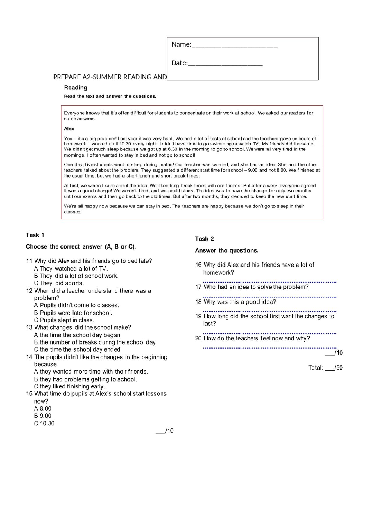 Reading exercises for A2 level | Exercises English | Docsity