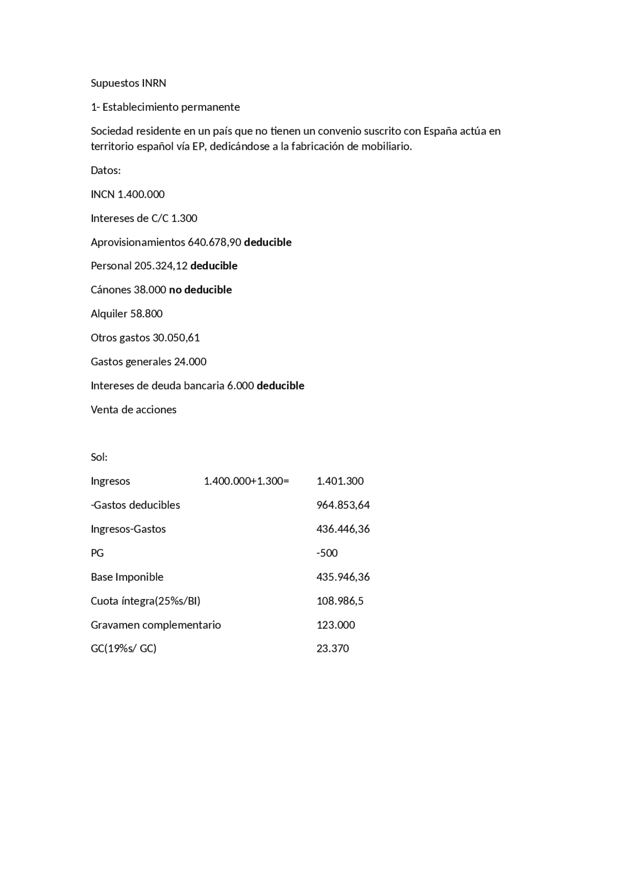 Supuestos Inrn Planificación Fiscal Ejercicios De Fiscalidad