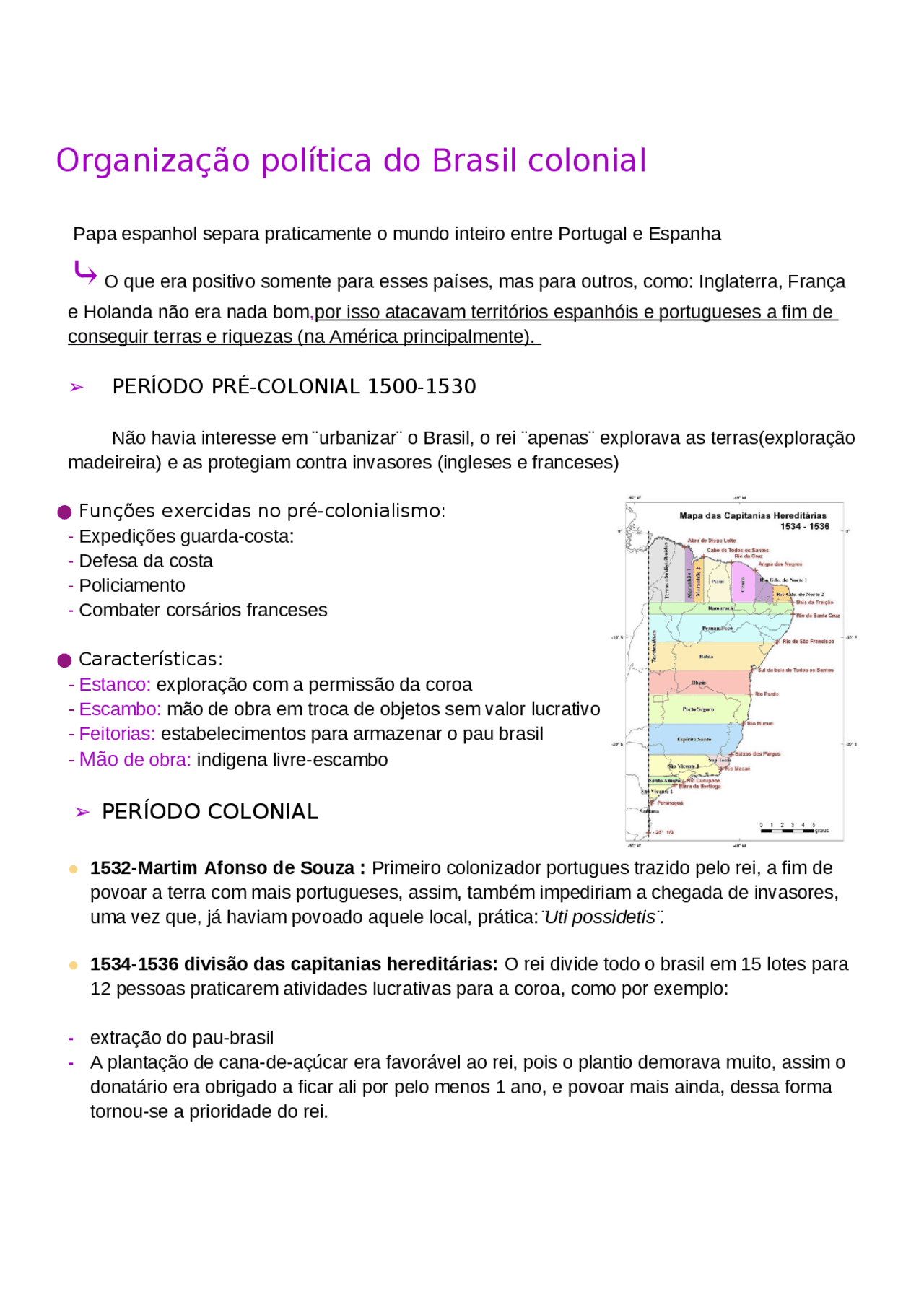 Organização política do Brasil colonial | Resumos História | Docsity