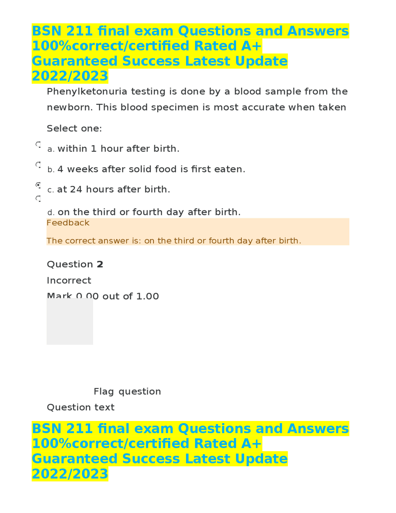 Bsn 211 Final Exam Questions And Answers 100correctcertified Rated A