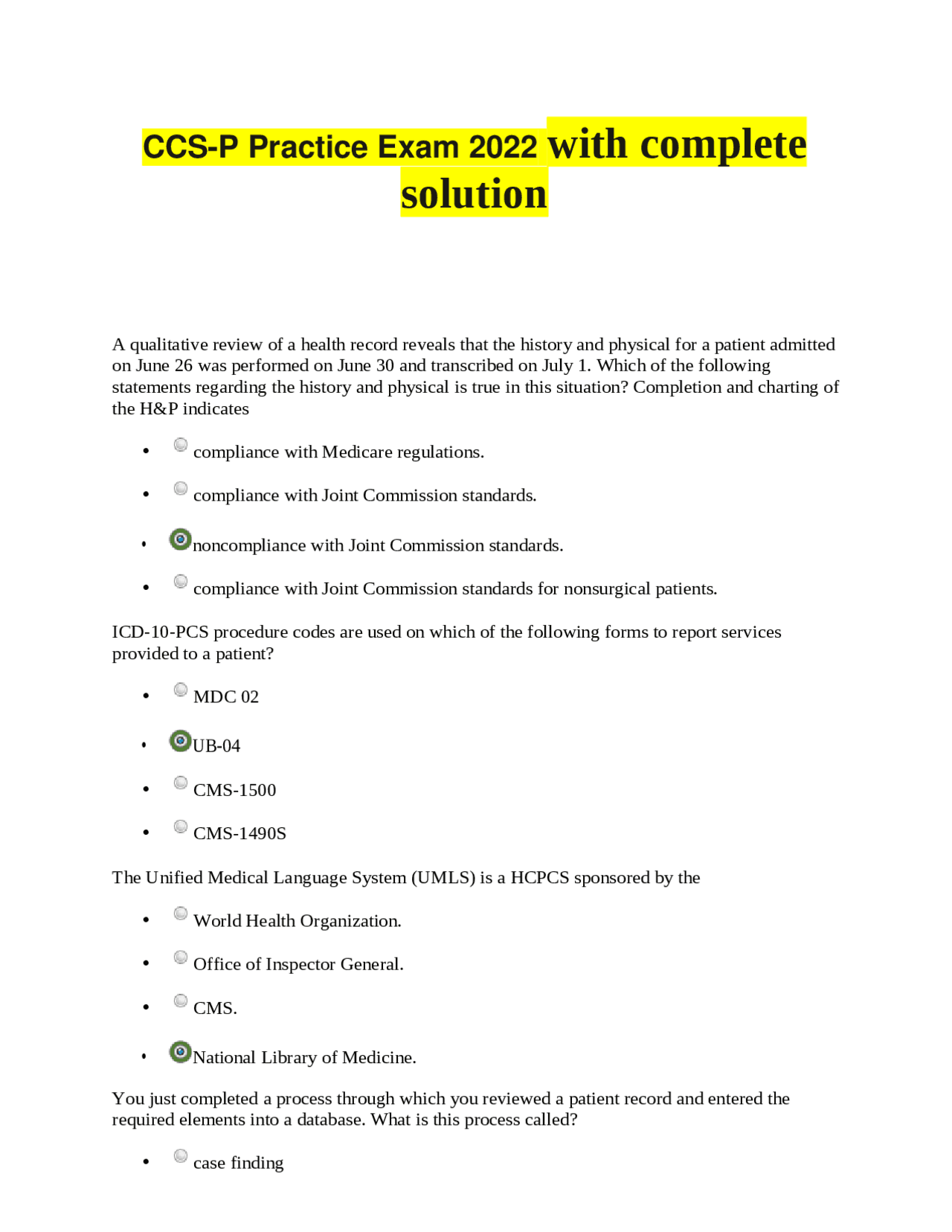 Ccs P Practice Exam 2022 With Complete Solution Exams Nursing Docsity