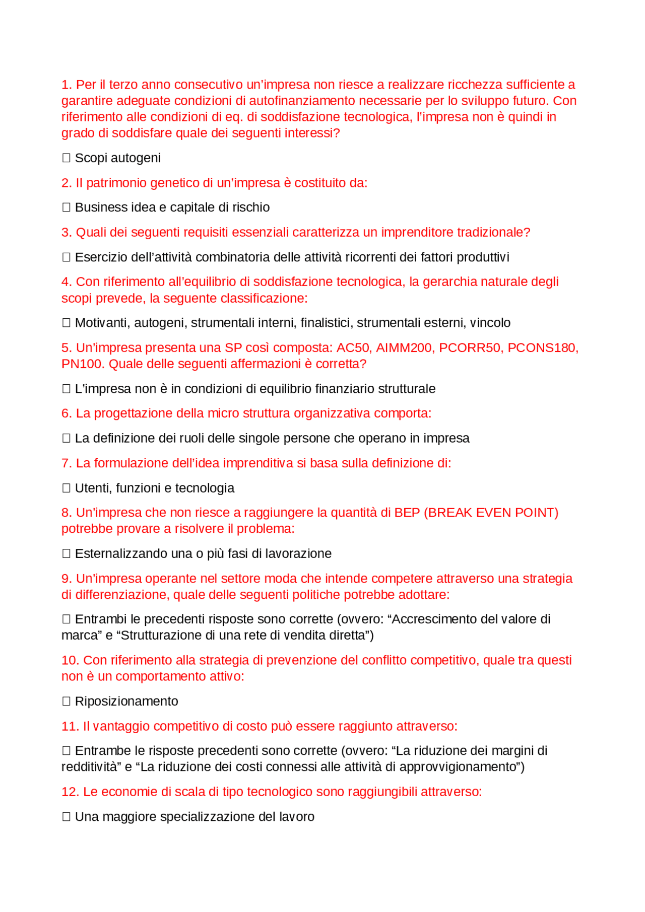 Domande a risposta multipla con risposte | Prove d'esame di Economia e Gestione Delle Imprese ...
