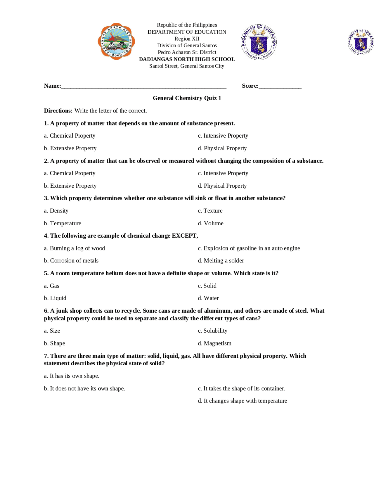Chemistry Summative Test Part I Quizzes Chemistry Docsity