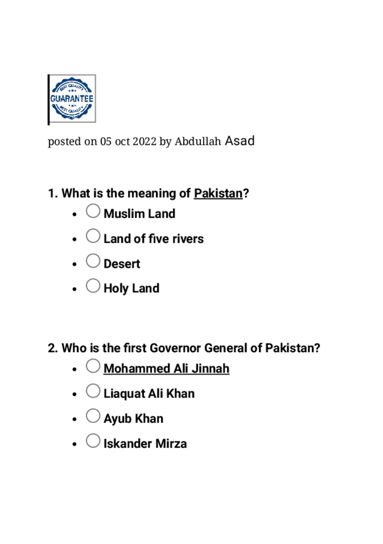 25 most famous Pakistani mcqs | Quizzes History | Docsity