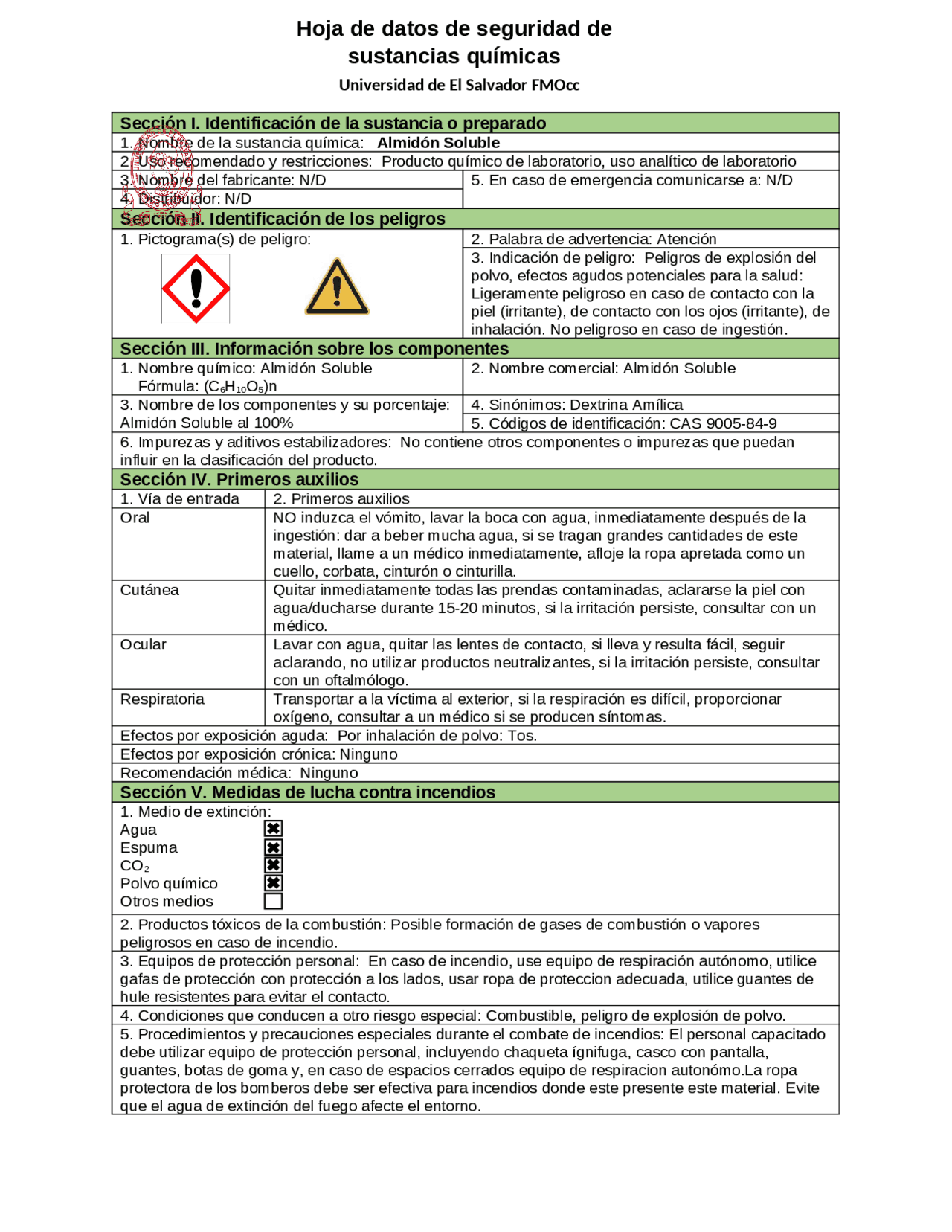 Hoja de seguridad del almidon soluble | Guías, Proyectos, Investigaciones de Química | Docsity