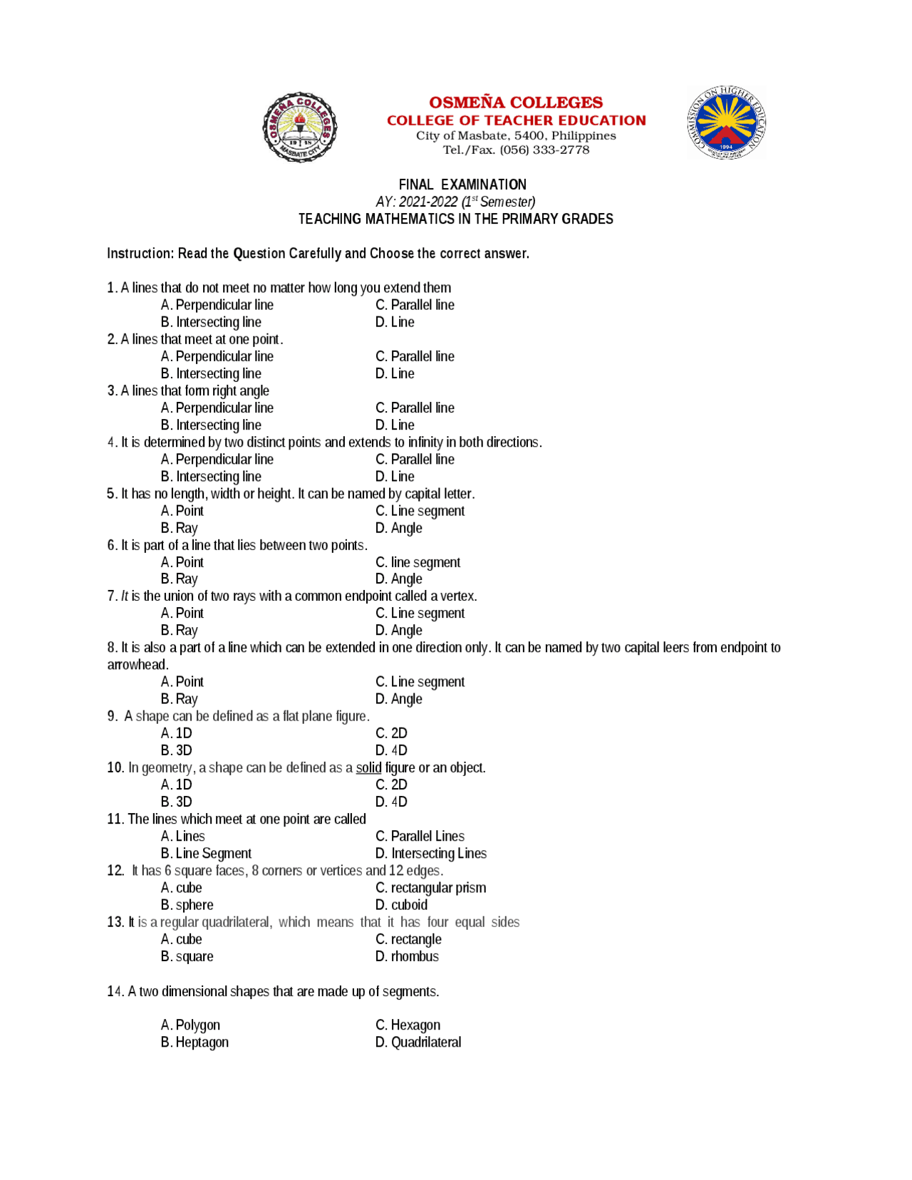 Midterm Exam Of Primary Mathematics Exams Introduction To Primates