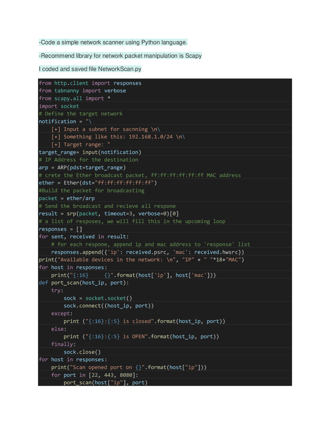 Python Network Scanner using Scapy: NetworkScan.py - Prof. Lab | Lab Reports Network security ...