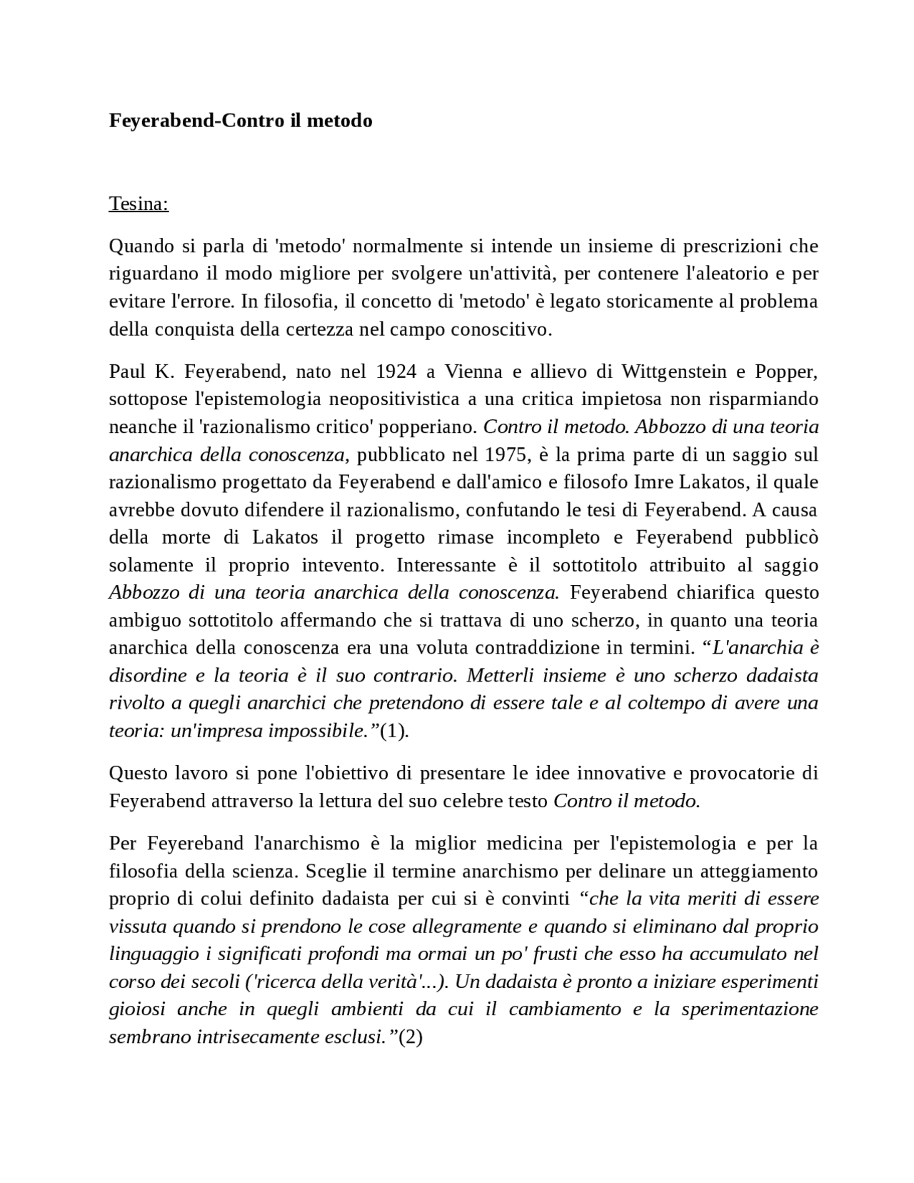 Feyerabend Filosofia Appunti Di Filosofia Docsity