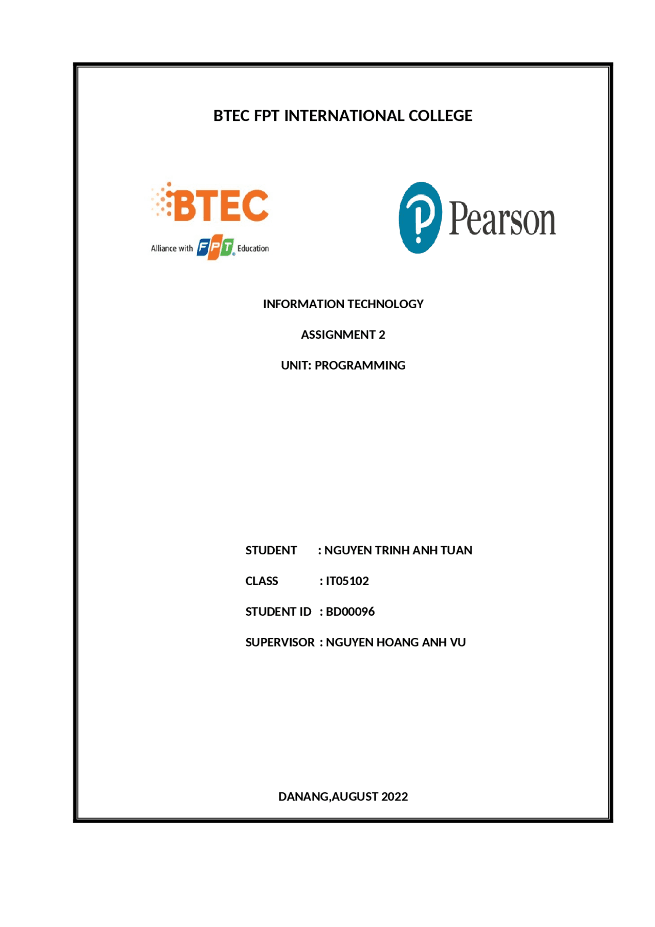 BTEC FPT International College: Programming Assignment | Lecture notes ...