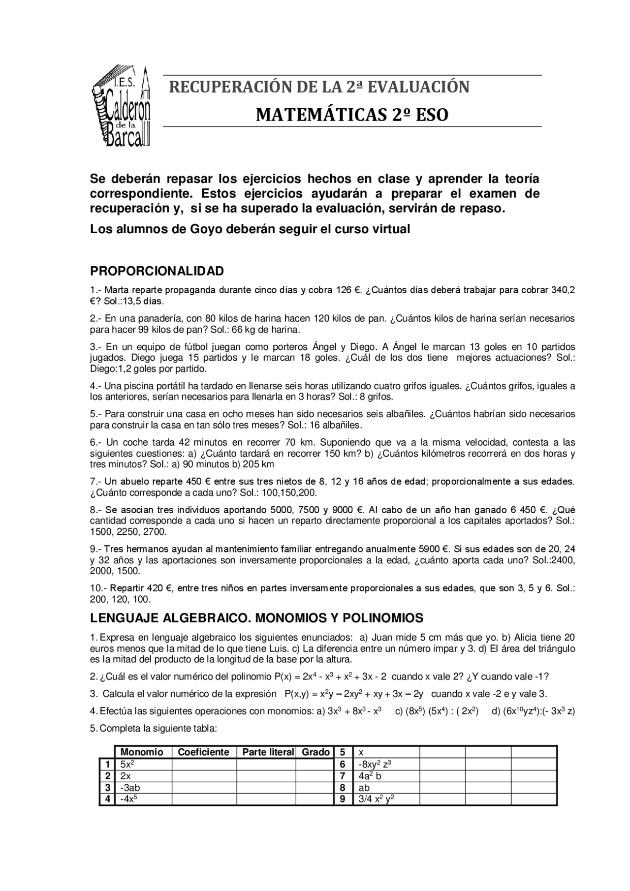 Repaso matematicas 2º ESO | Ejercicios de Matemáticas | Docsity