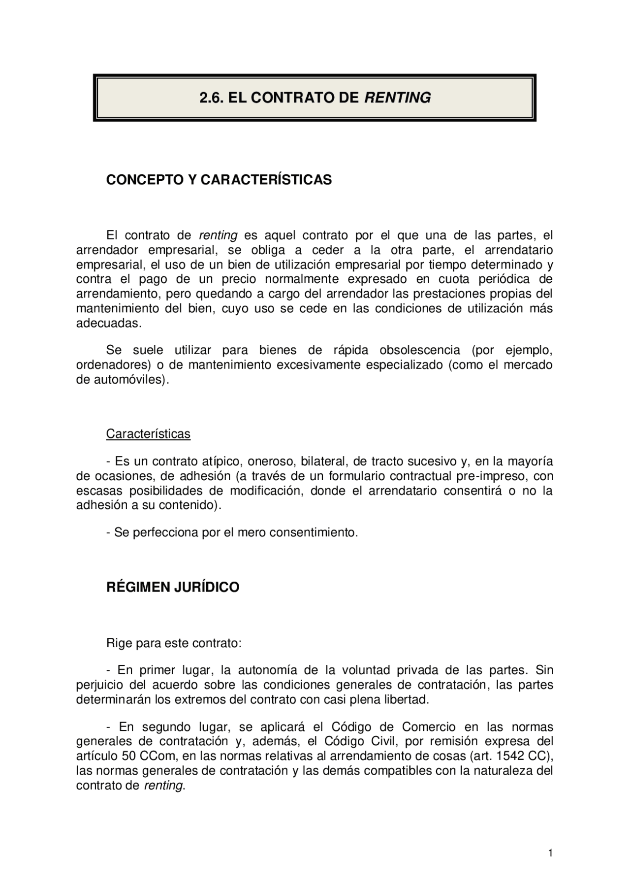 El contrato de renting | Apuntes de Derecho Civil | Docsity