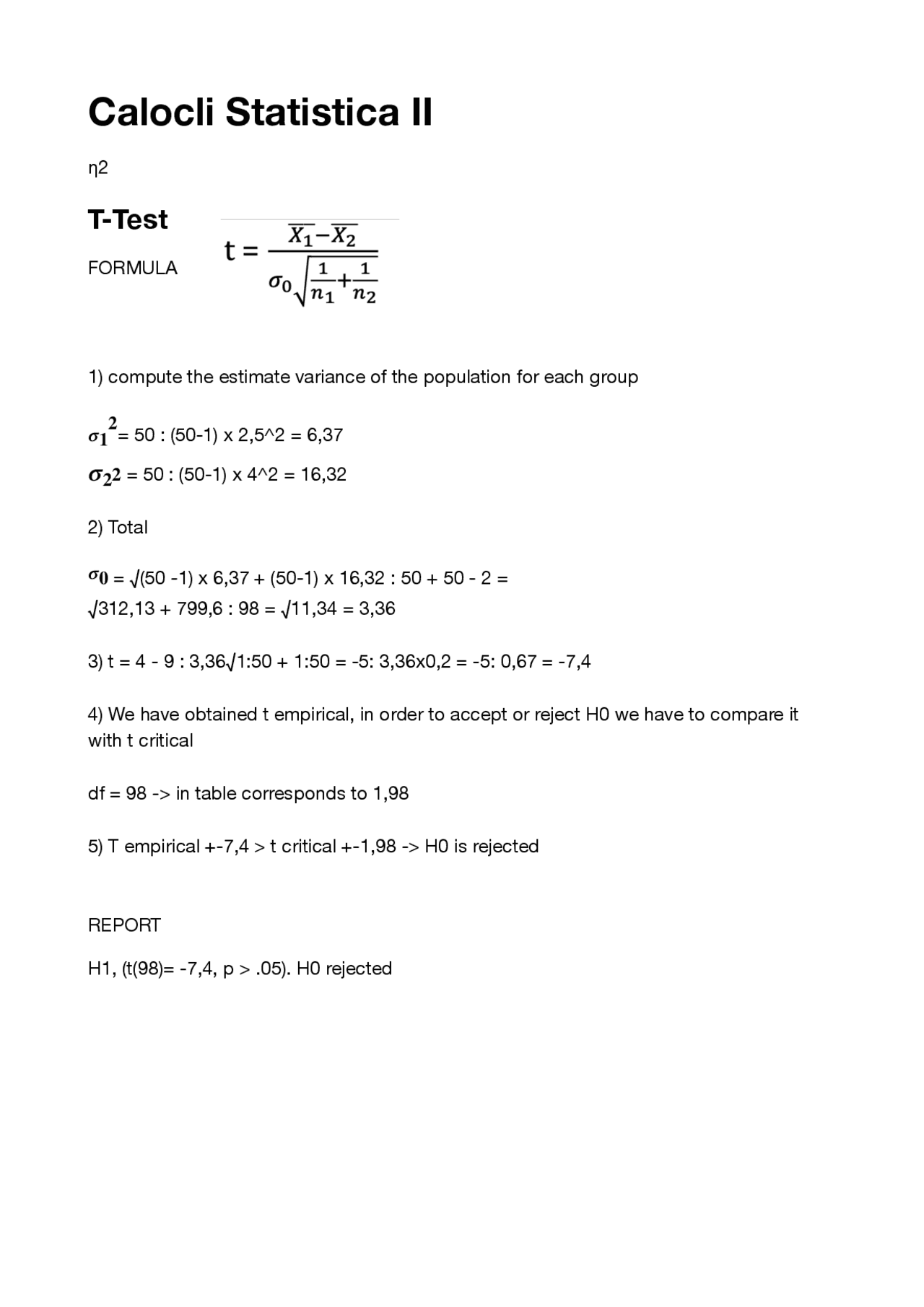 Calcoli Statistica Ii Formulari Di Statistica Docsity