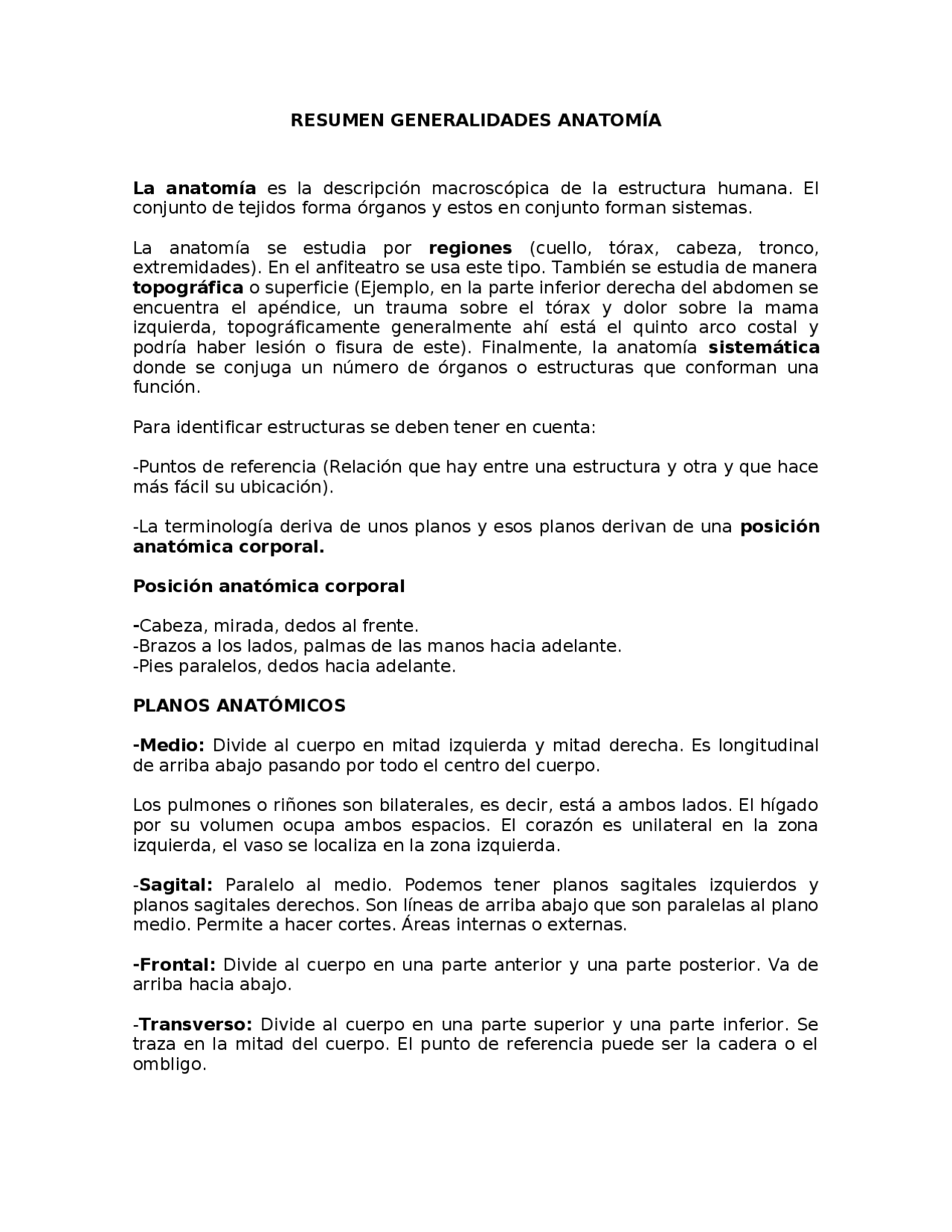 Generalidades De Anatomia Apuntes De Anatomía Docsity