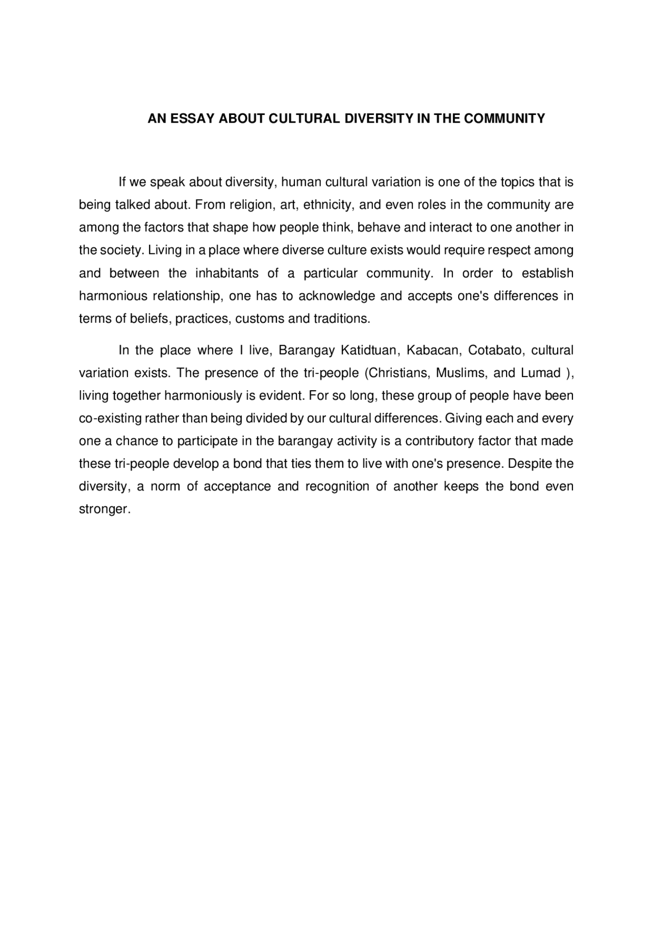CULTURAL DIVERSITY IN MY COMMUNITY: AN ESSAY WRITING | Summaries ...
