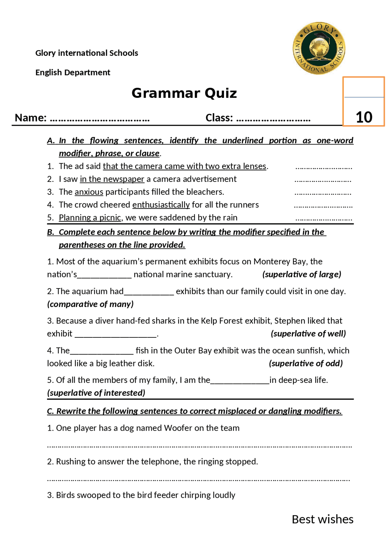 Grammar quiz on Modifiers | Quizzes English | Docsity