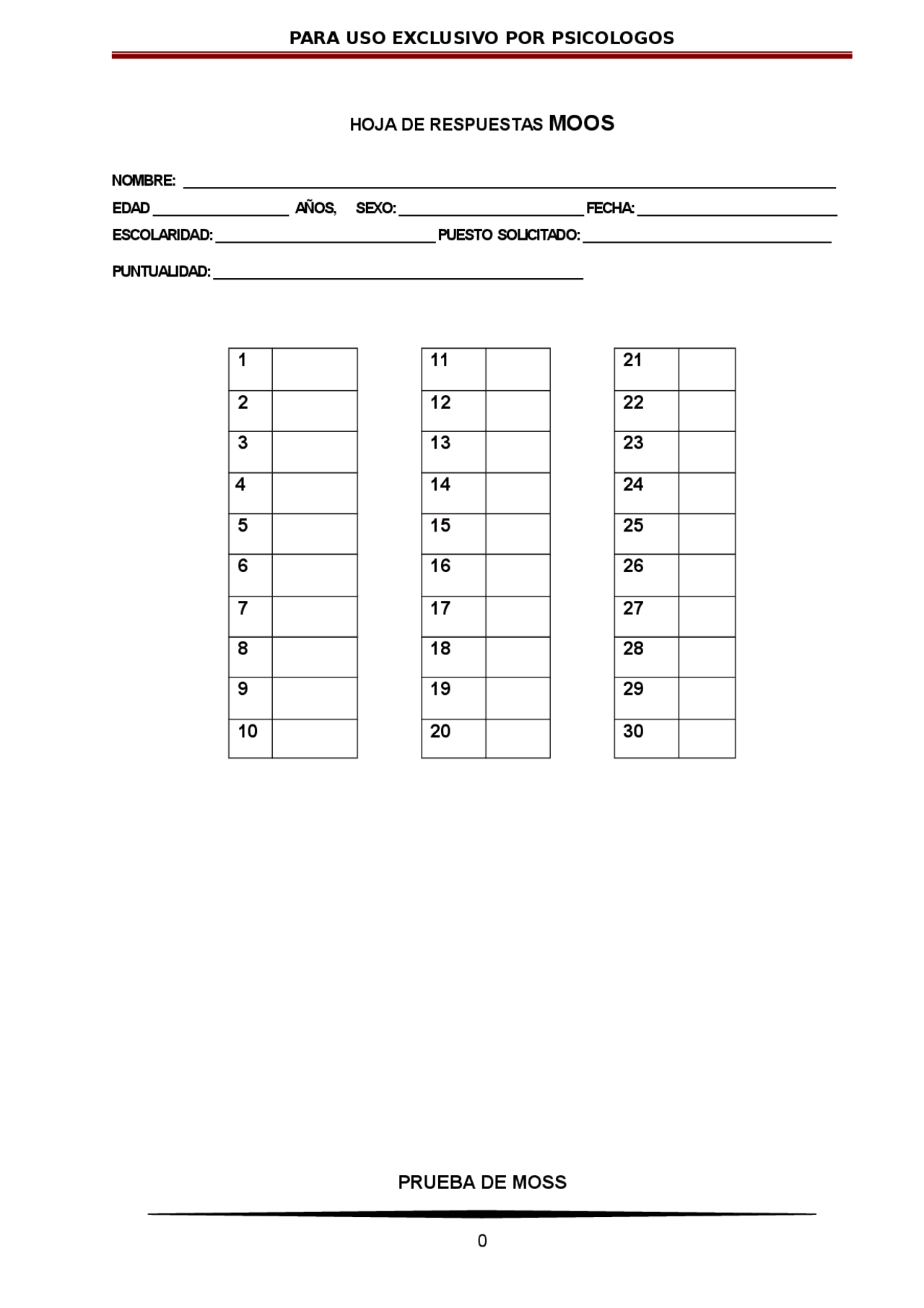 Cuadernillo del test de moss | Apuntes de Psicología Clínica | Docsity