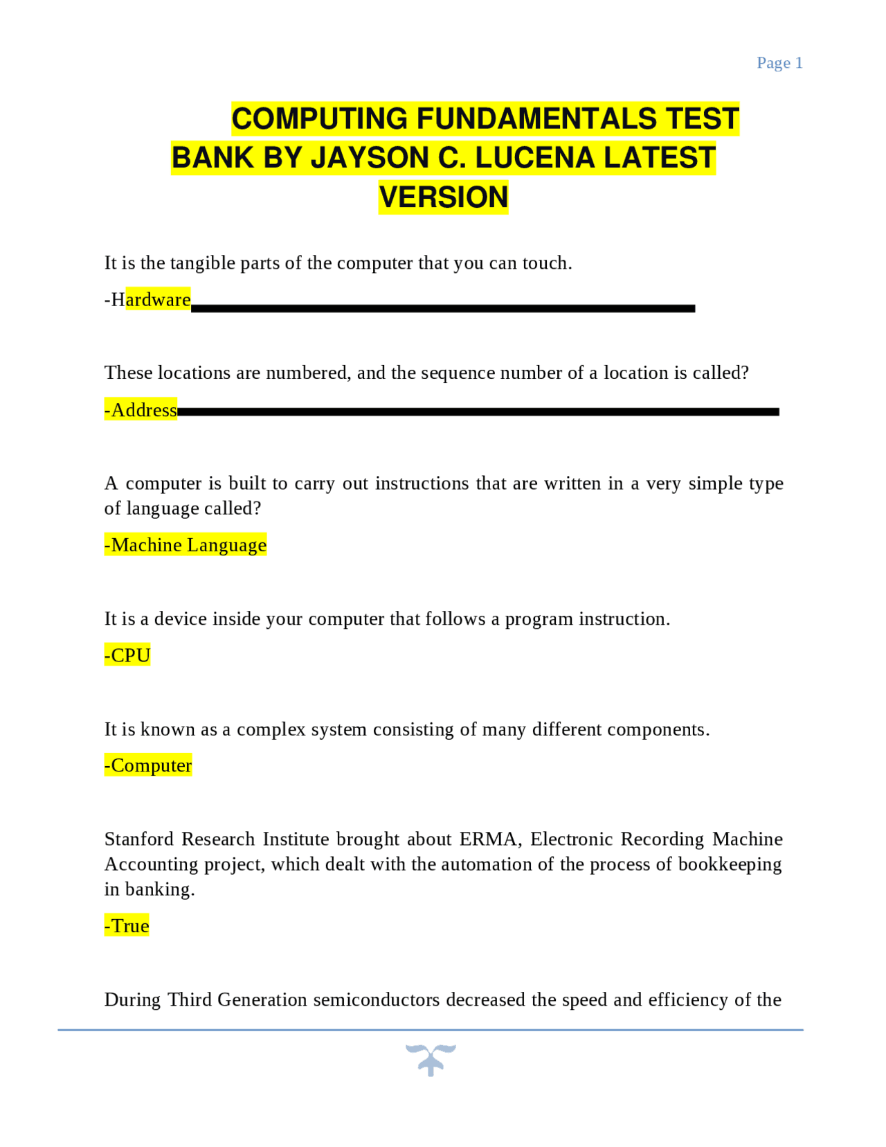 COMPUTING FUNDAMENTALS TEST BANK BY JAYSON C. LUCENA LATEST VERSION ...