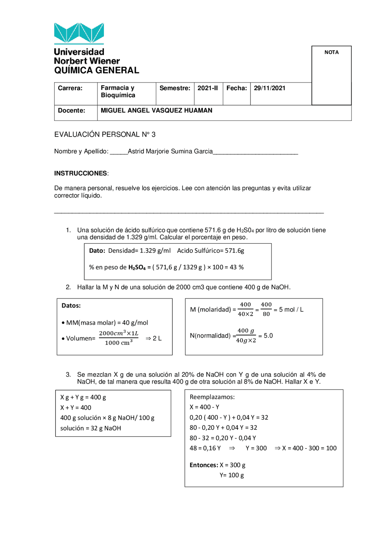 EvaluaciÓn Quimica General N°3wiener Exámenes Selectividad De