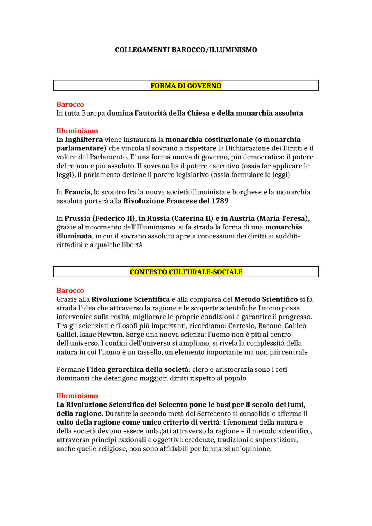 COLLEGAMENTI TRA BAROCCO E ILLUMINISMO | Appunti di Lingue e letterature classiche | Docsity