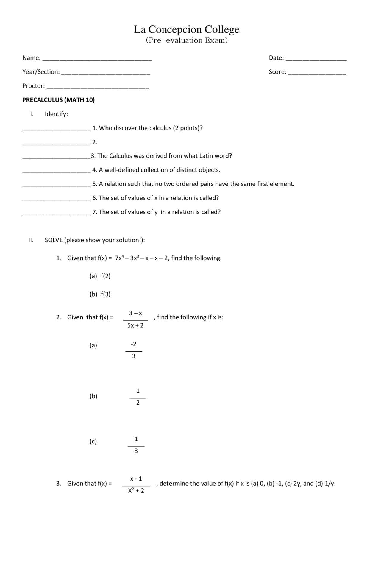 Precalculus For Beginner Exercises Mathematics Docsity