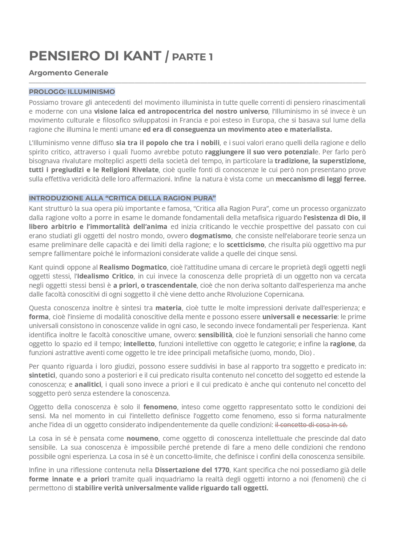 Immanuel Kant Critica Ragion Pura Appunti Di Filosofia Docsity