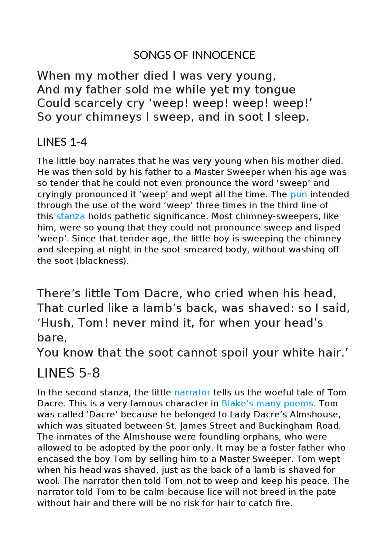 Songs of innocence, analysis stanza by stanza | Appunti di Inglese ...