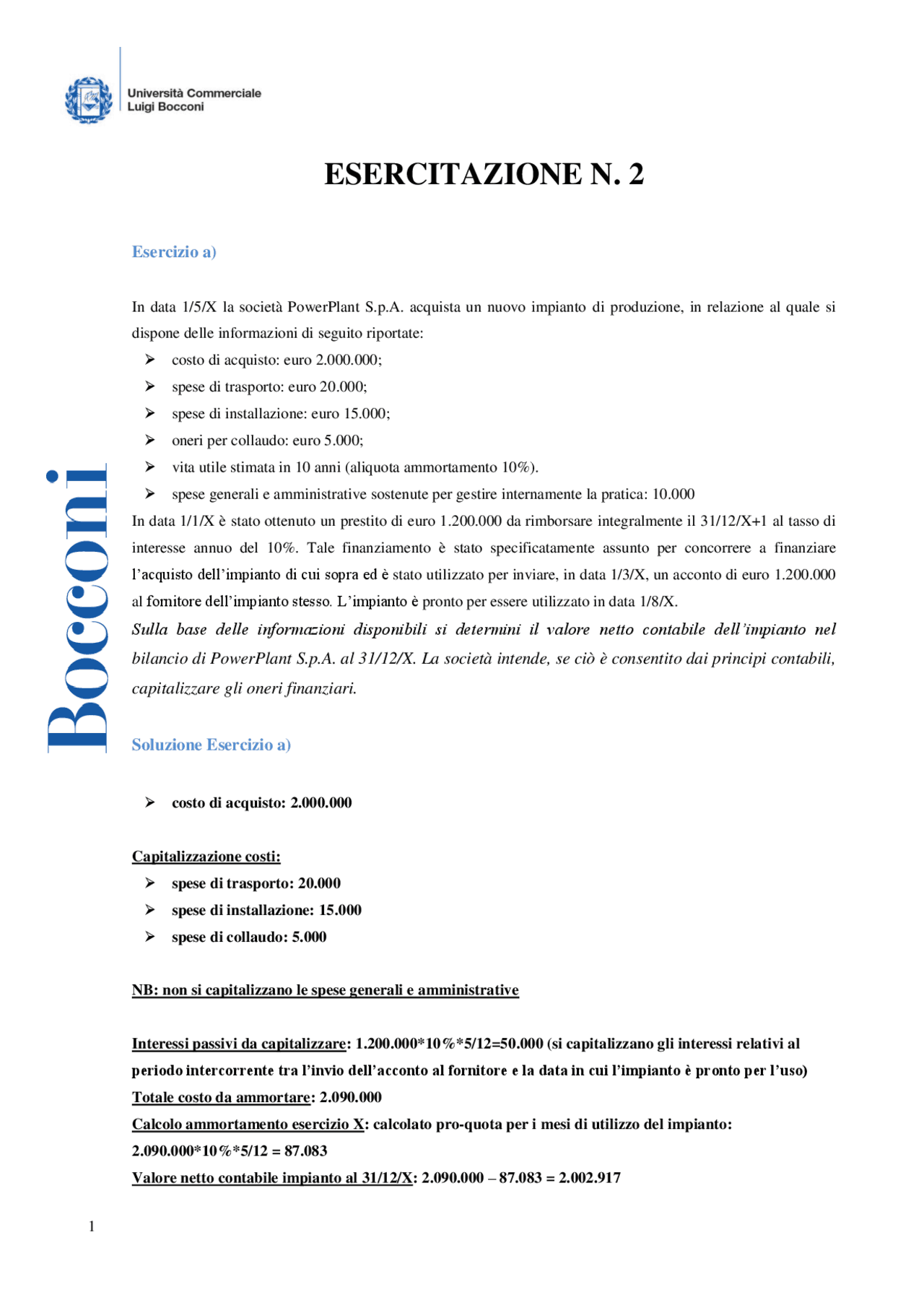 Esercitazione 2 con soluzione | Esercizi di Analisi Di Bilancio E Principi Contabili | Docsity