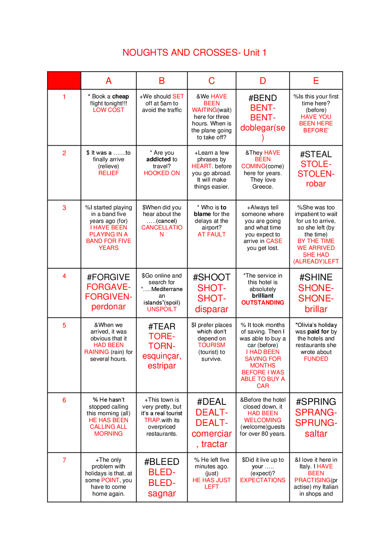 CORRECCIÓN NOUGHTS AND CROSSES 1st unit - Revision KEY (2n Bachillerato ...