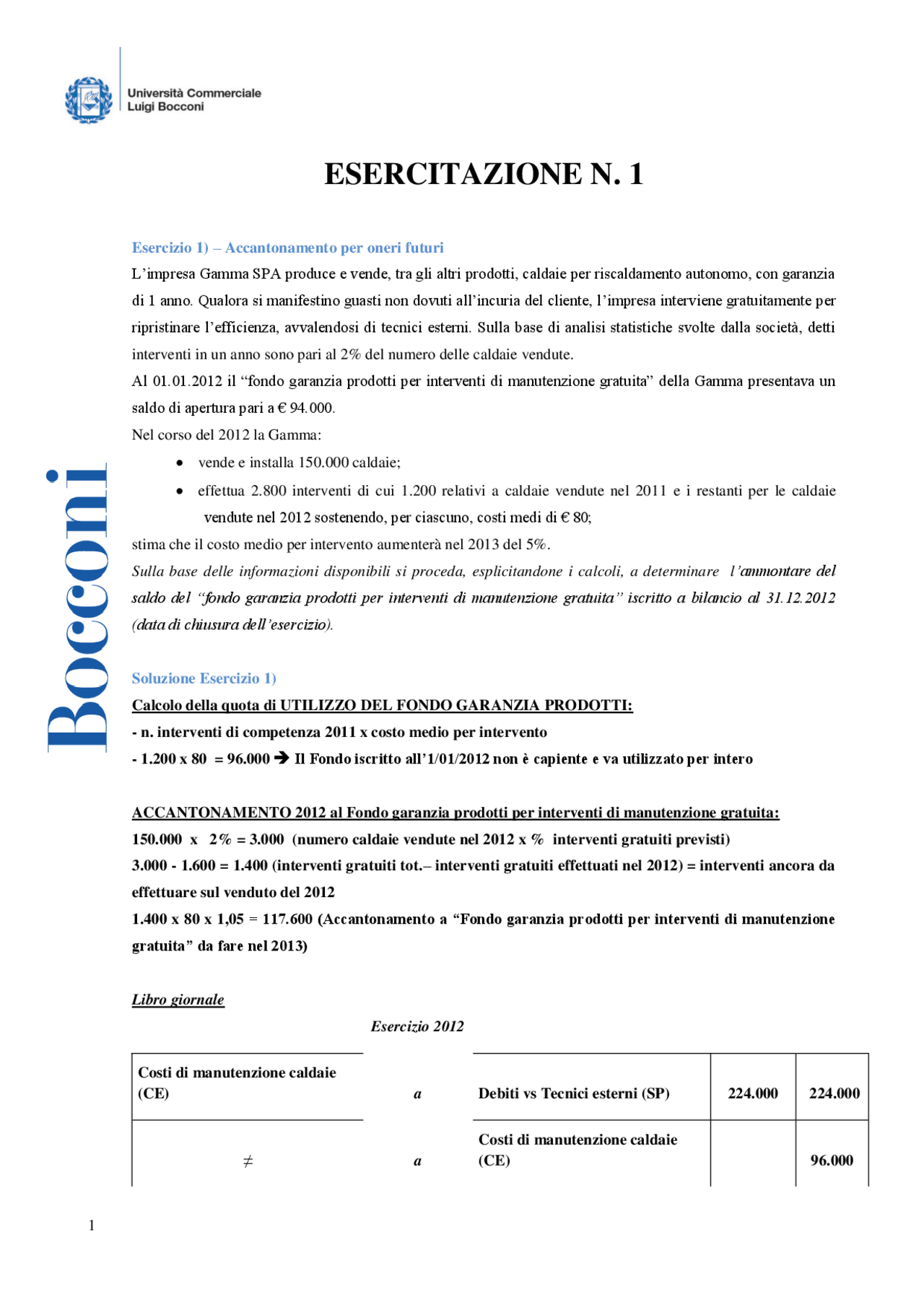Esercitazione 1 con soluzione | Esercizi di Analisi Di Bilancio E ...