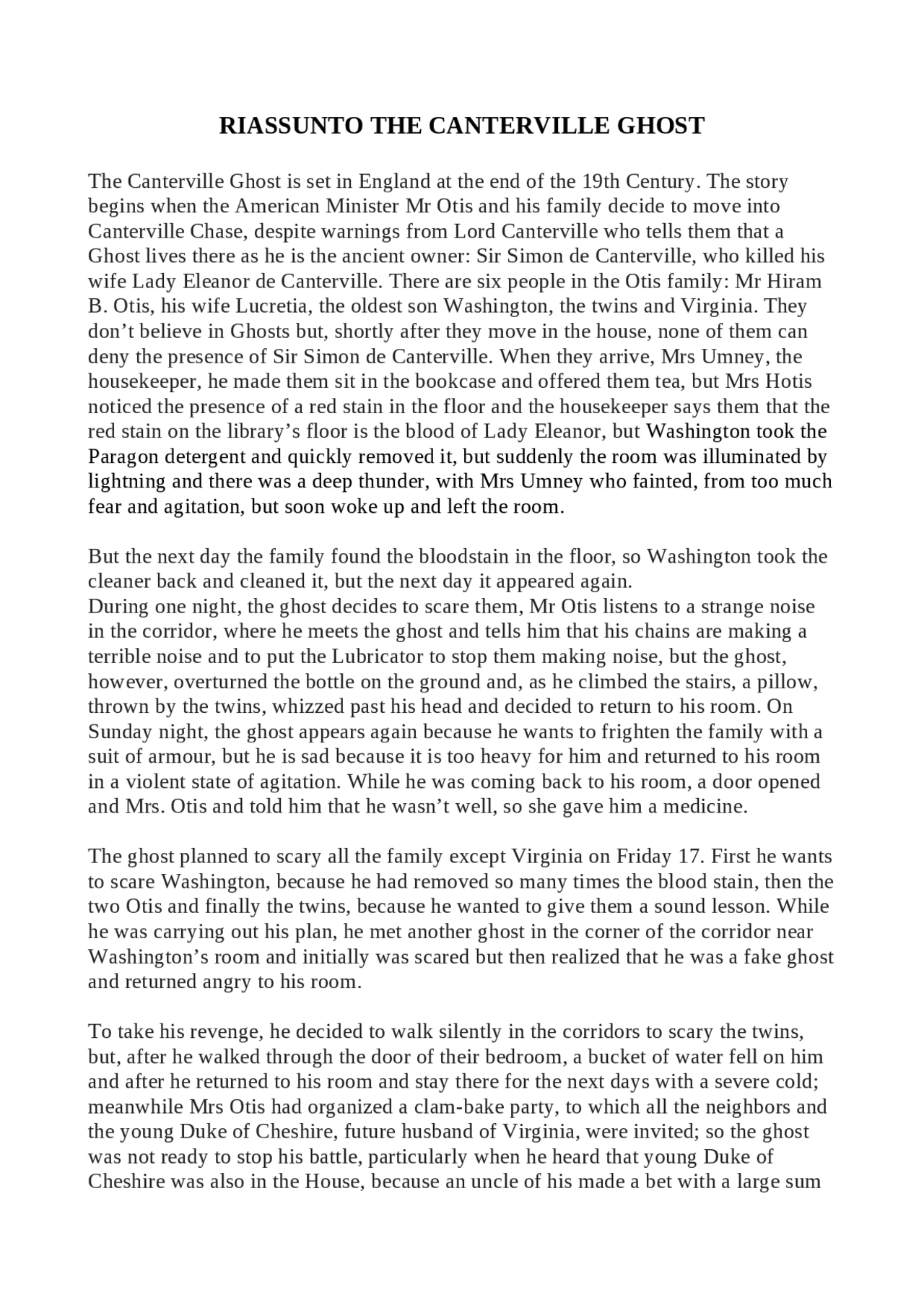 Riassunto The Canterville Ghost | Sintesi del corso di Inglese | Docsity