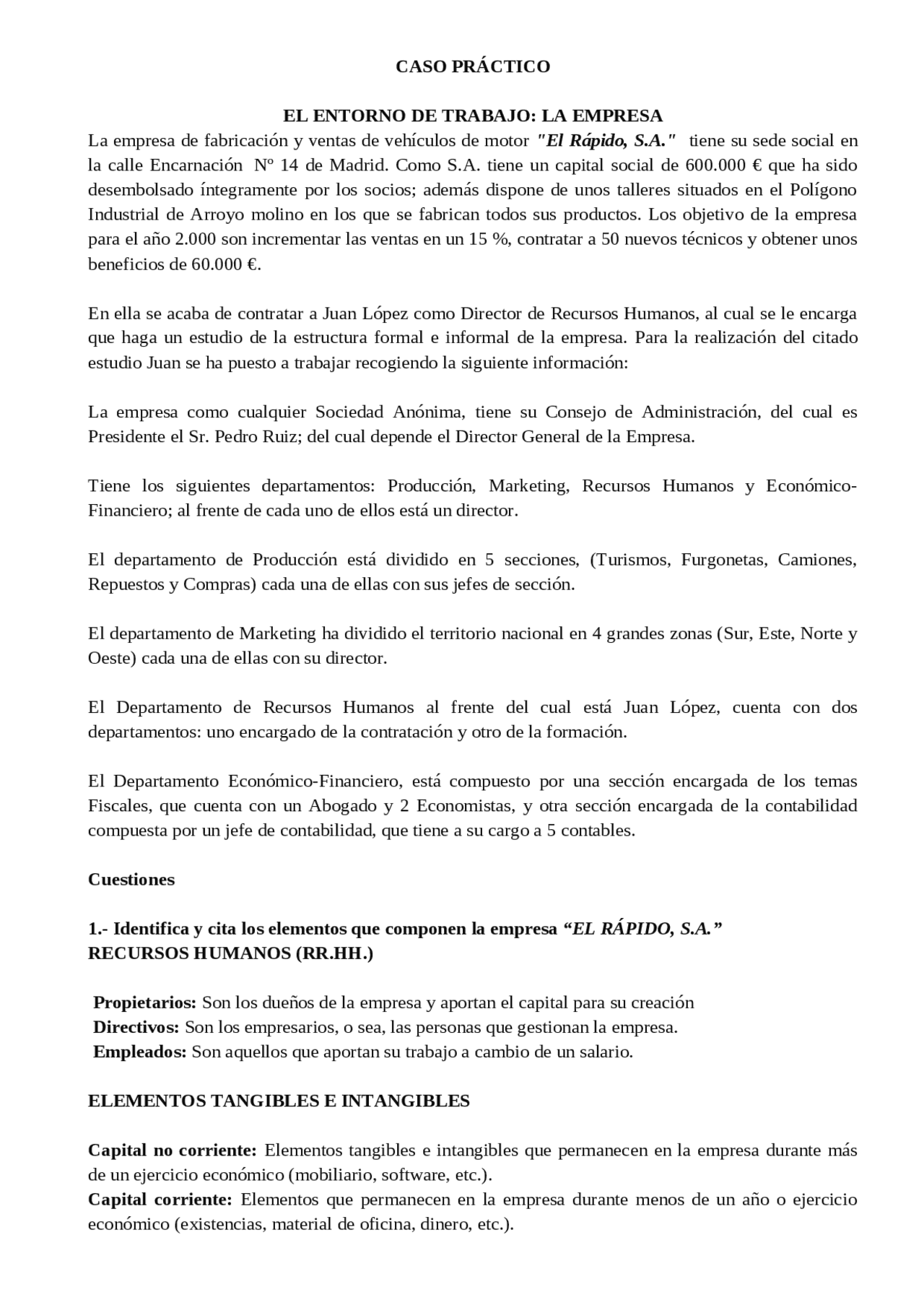 Estructura organizativa y elementos de la empresa 'El Rápido, S.A ...