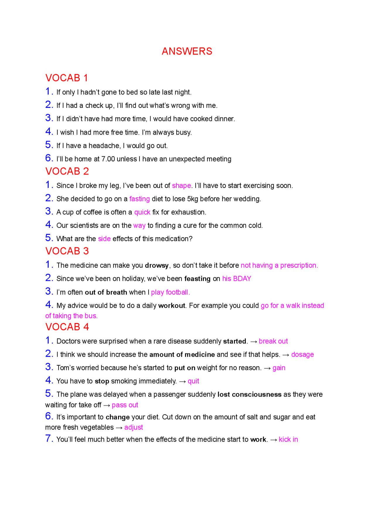 Answers Vocabulary Exercises Unit 234 English 2n Bachillerato